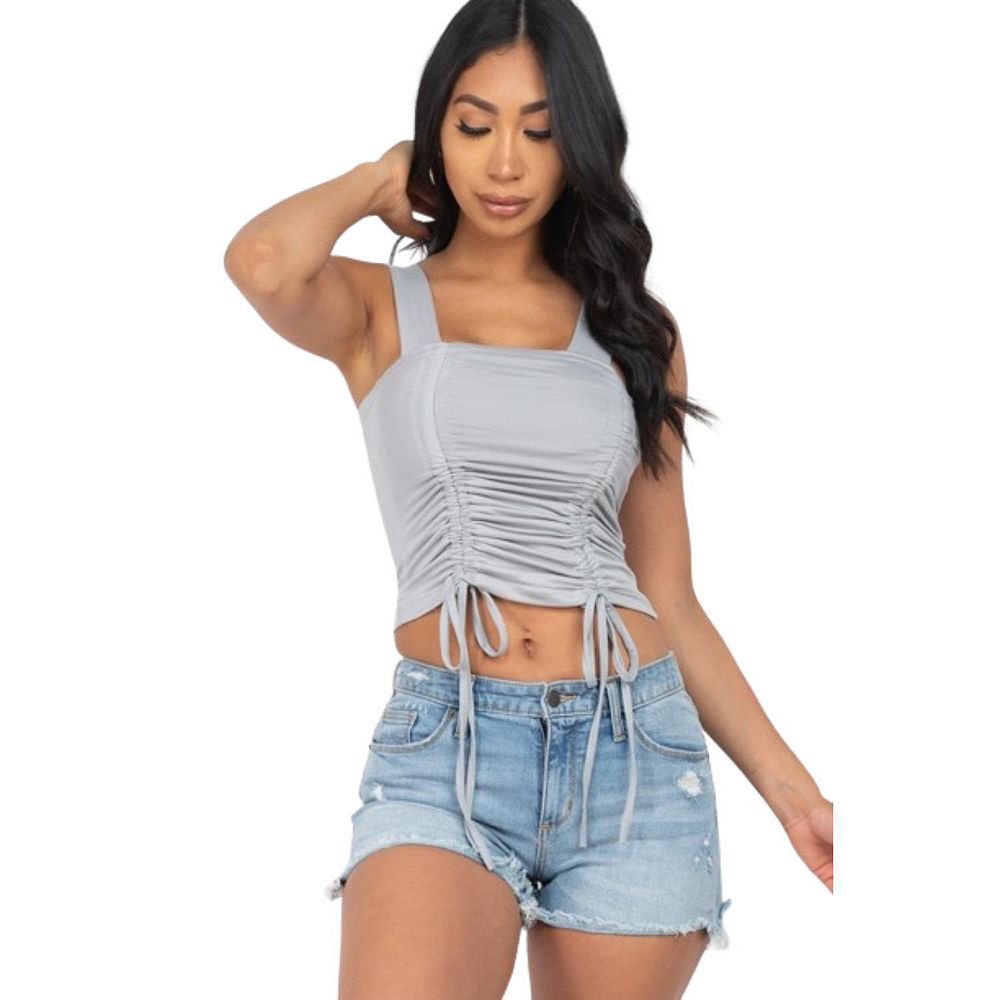 Adjustable Front Ruched With String Square Neck Crop Tops