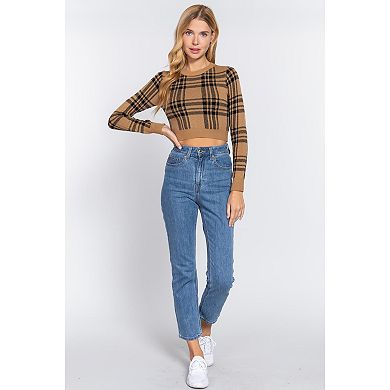 Long Slv Check Crop Sweater
