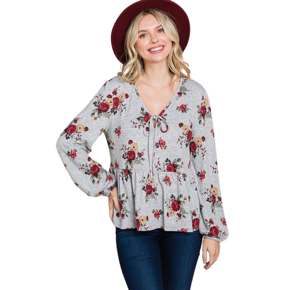 Floral Hacci Printed Babydoll Top With Elastic Cuff Sleeves