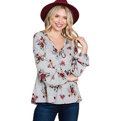 Floral Hacci Printed Babydoll Top With Elastic Cuff Sleeves