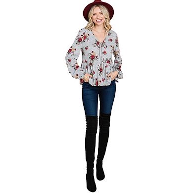 Floral Hacci Printed Babydoll Top With Elastic Cuff Sleeves