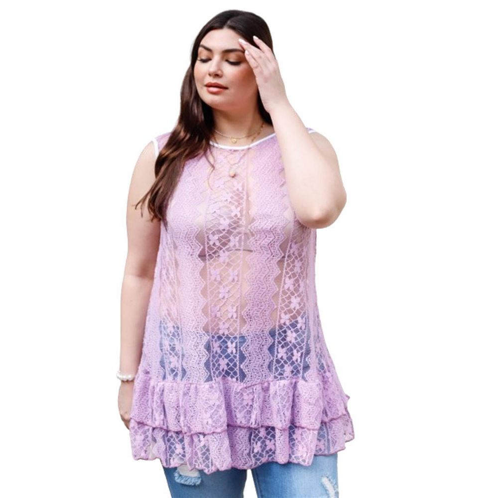 Plus Lace Sheer Ruffle Hem Sleeveless Maxi Top
