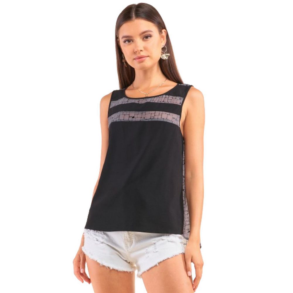 Grey And Black Sleeveless Relaxed Fit Brick Pattern Print Mesh Round ...