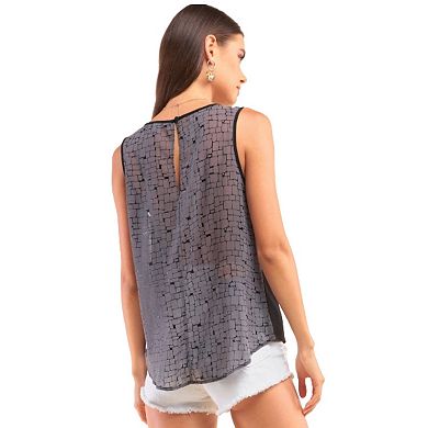 Grey And Black Sleeveless Relaxed Fit Brick Pattern Print Mesh Round ...