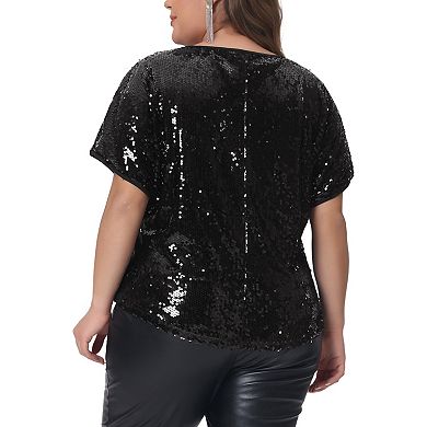 Plus Size For Full Sequin Tops Women Glitter Party Shirt Short Sleeve ...