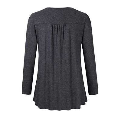 Plus Women's Plus Size Long Sleeve V Neck Tunic Tops Pleated Flowy Tee ...