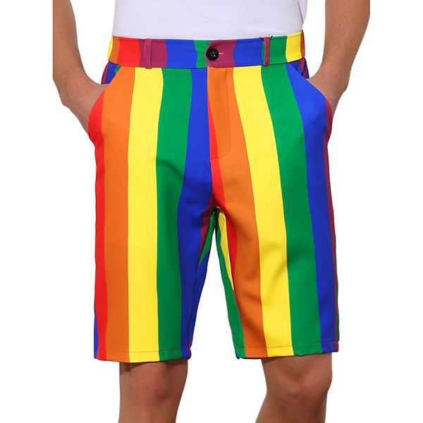 Rainbow Striped Shorts For Men's Summer Casual Flat Front Printed Shorts