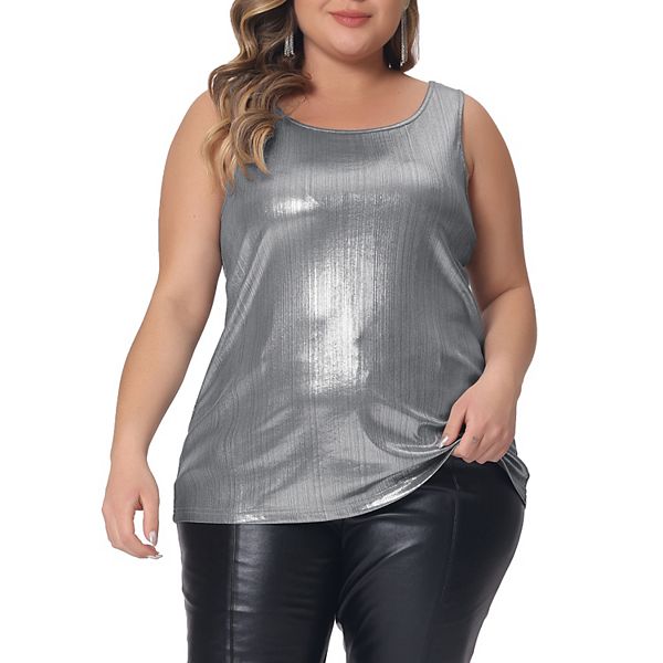 Womens Plus Size Shiny Metallic Round Neck Sleeveless Party Tank Top