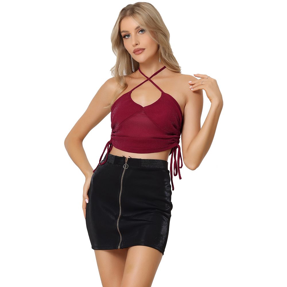 Glitter Crop Top For Women Tie Neck Sleeveless Sheer Club Party Tops