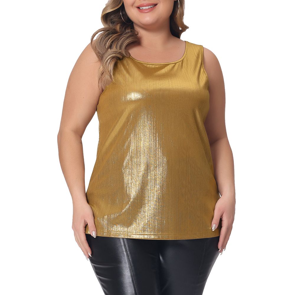 Women's Plus Size Shiny Metallic Round Neck Sleeveless Party Tank Top