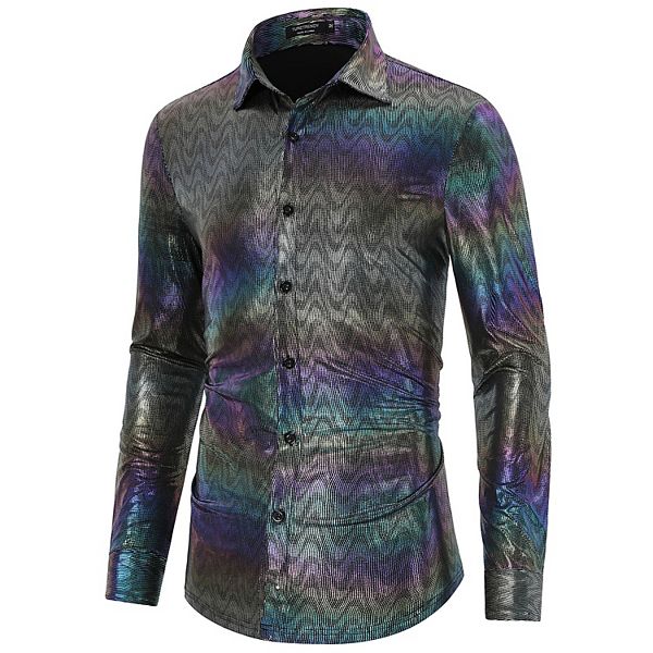 Mens Disco Shirt Metallic Sequins Shiny Long Sleeve