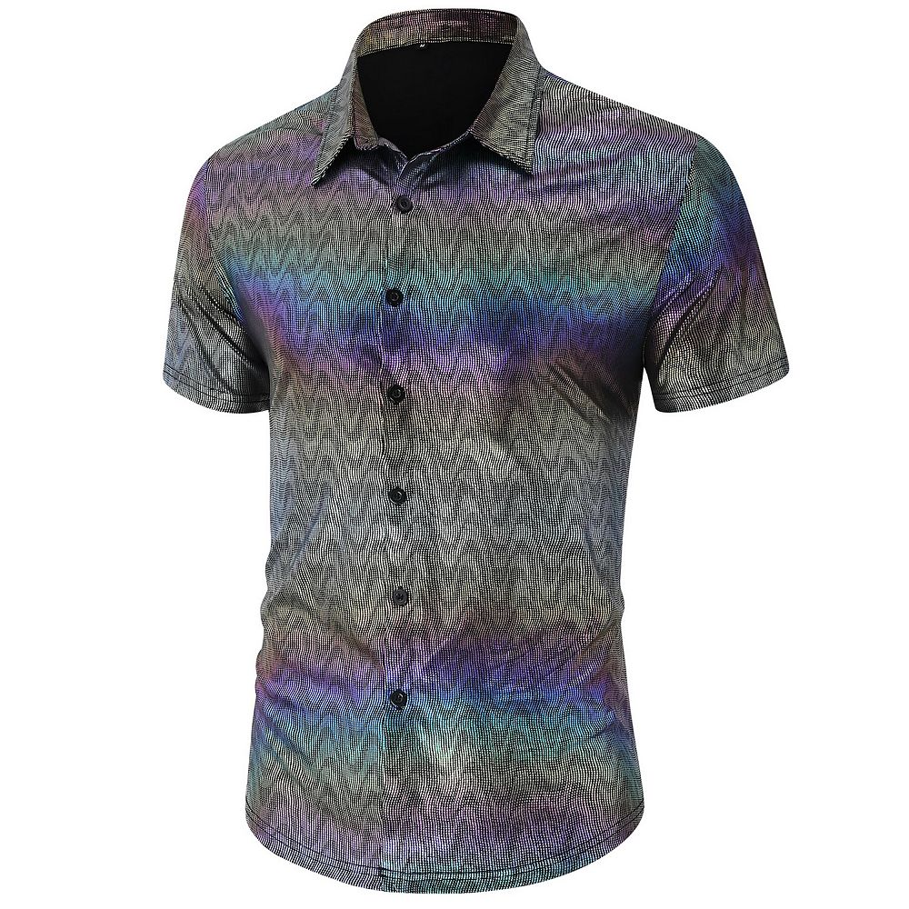 Mens Button Down Disco Shirt Metallic Sequins Shiny Short Sleeve