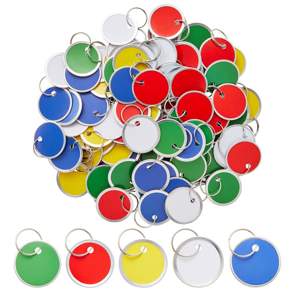 100 Pack Round Paper Key Tags With Metal Split Ring Label, 5 Colors, 1.2 In