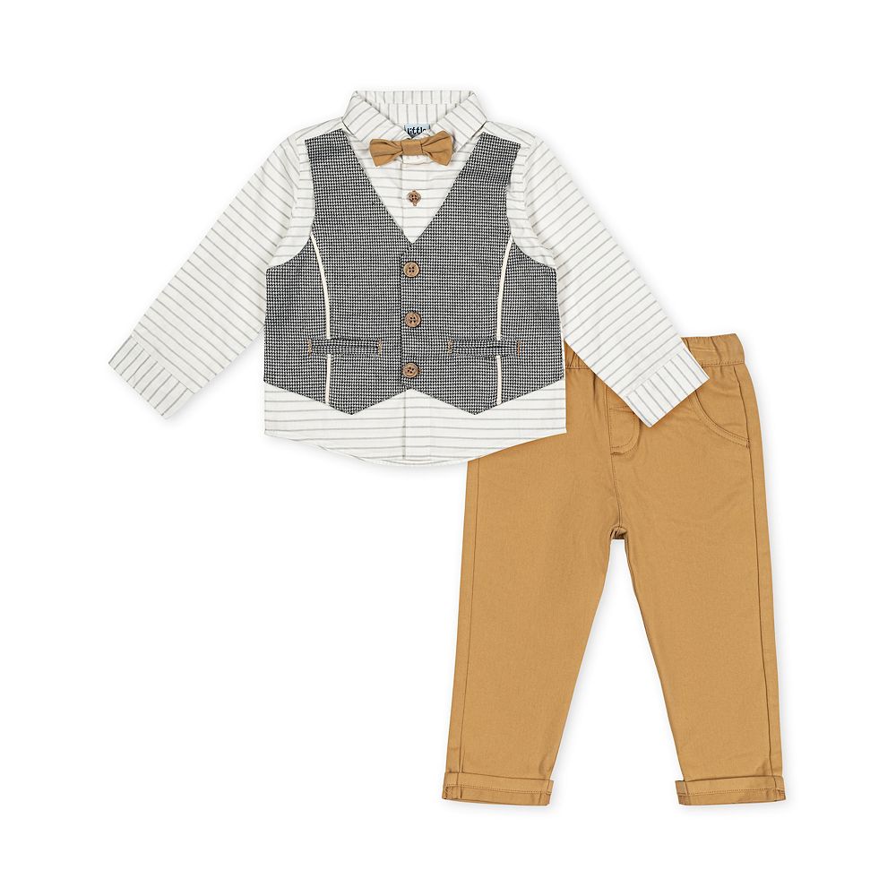 Baby Boy Little Lad Shirt with Mock Vest, Pants, & Bowtie Tan Set