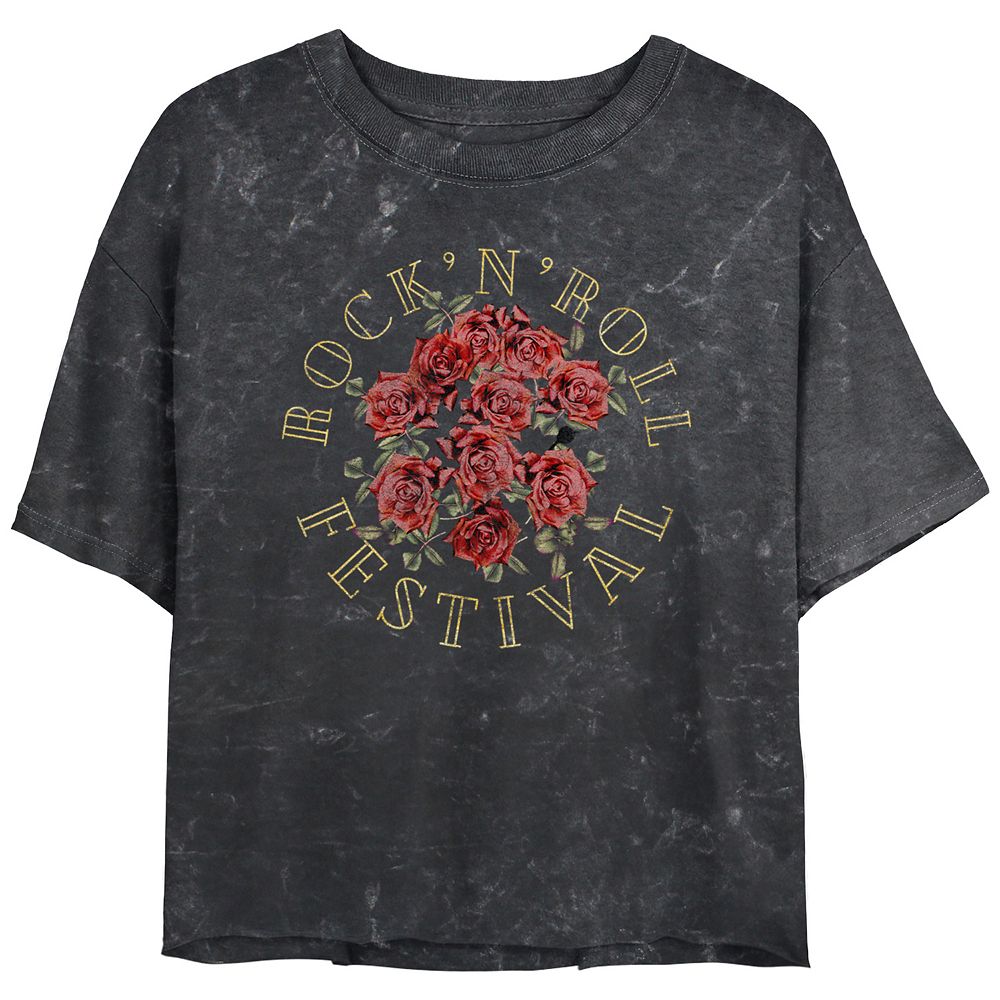 Juniors' Rock And Roll Roses Festival Cropped Graphic Tee