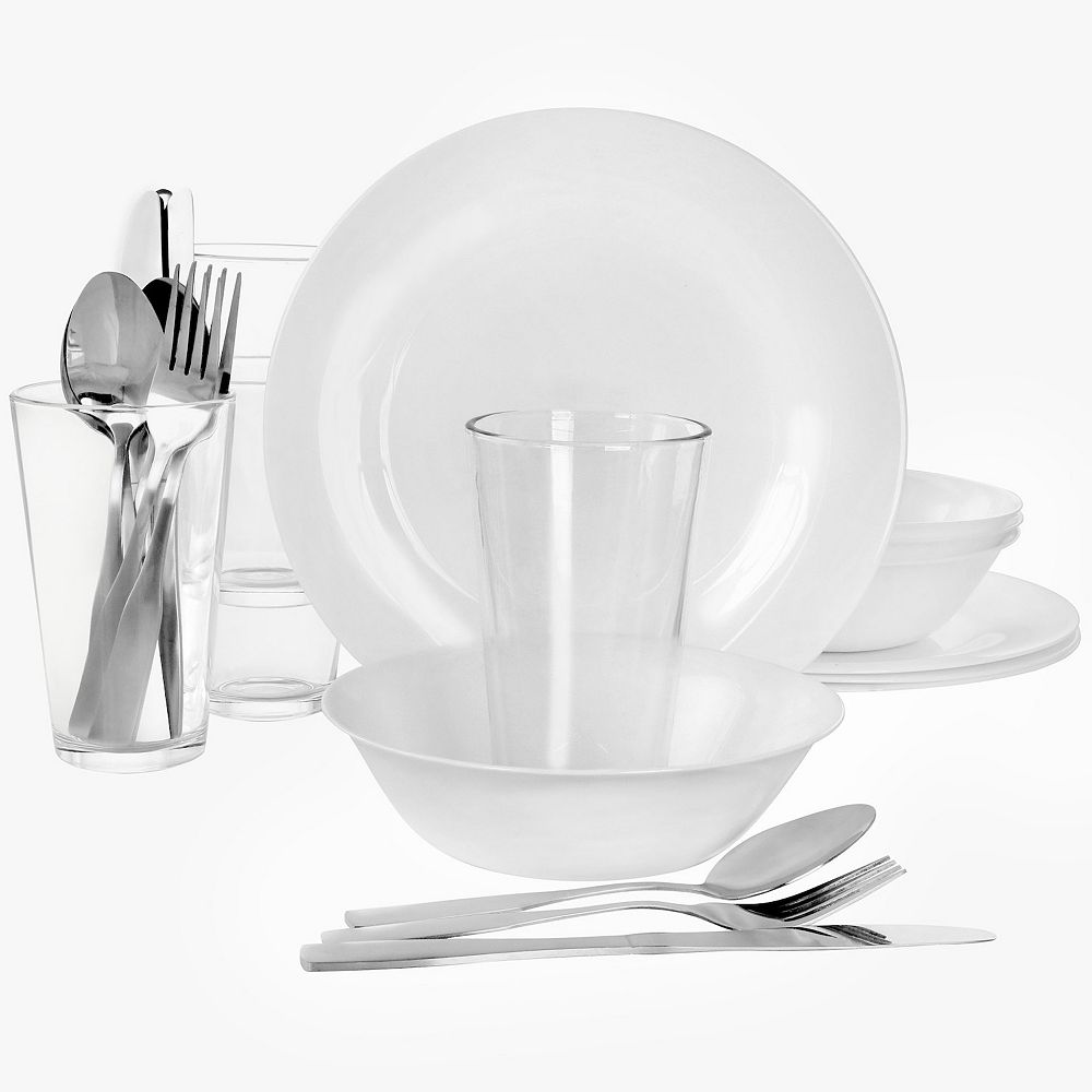 Gibson Ultra Angel Silk 24 Piece Opal Glass Dinnerware and Flatware ...