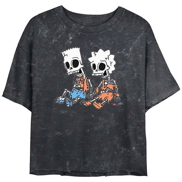 Juniors' The Simpsons Skeleton Bart And Lisa Cropped Graphic Tee