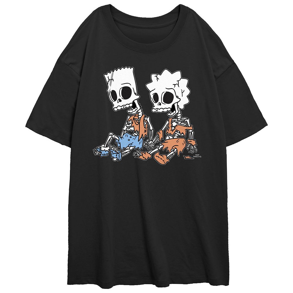 Juniors' The Simpsons Skeleton Bart And Lisa Oversized Graphic Tee