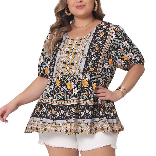 Plus Size Boho Tops For Women Floral Print V Neck Short Sleeve Summer ...