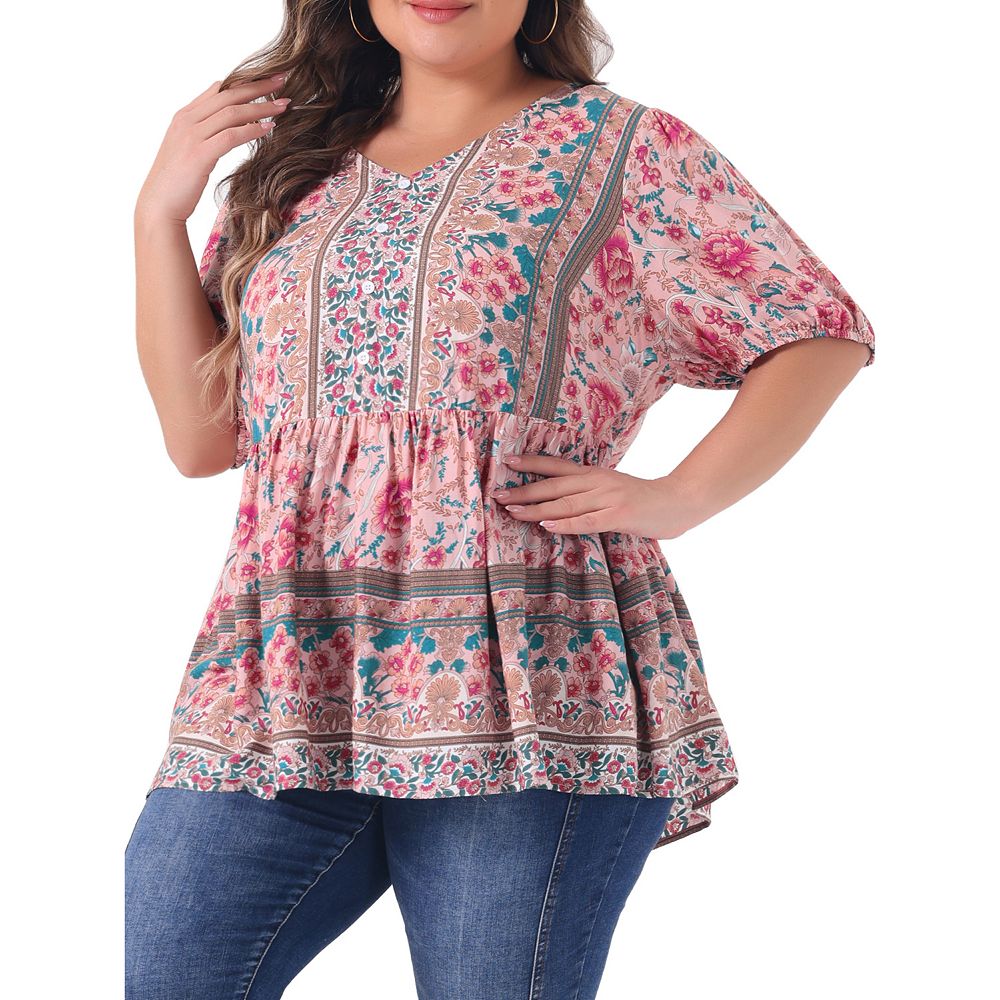 Plus Size Boho Tops for Women Floral Print V Neck Short Sleeve Summer ...