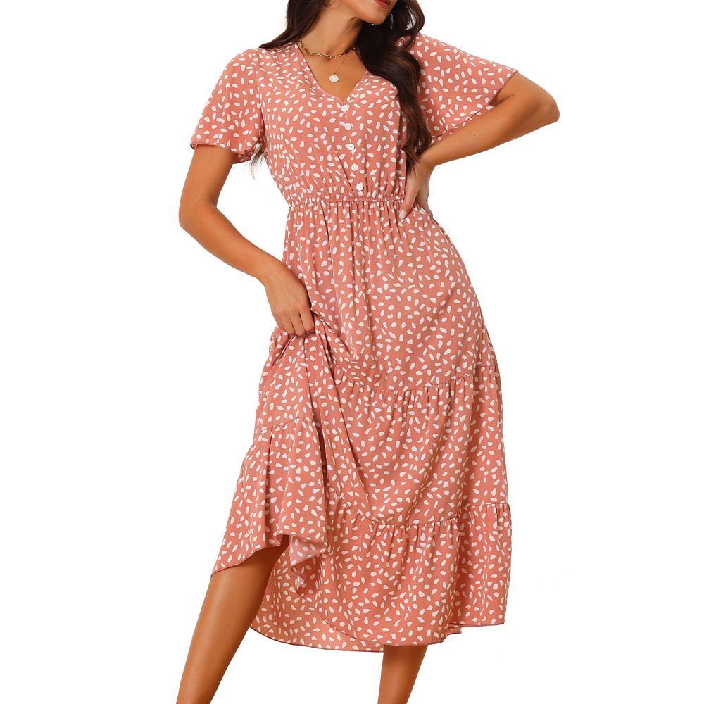 Women's Summer Casual Short Flutter Sleeve V Neck Elastic Waist Flowy ...