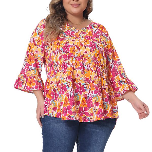 Plus Size Floral Blouses for Women V Neck Ruffle Sleeve Babydoll Peplum ...