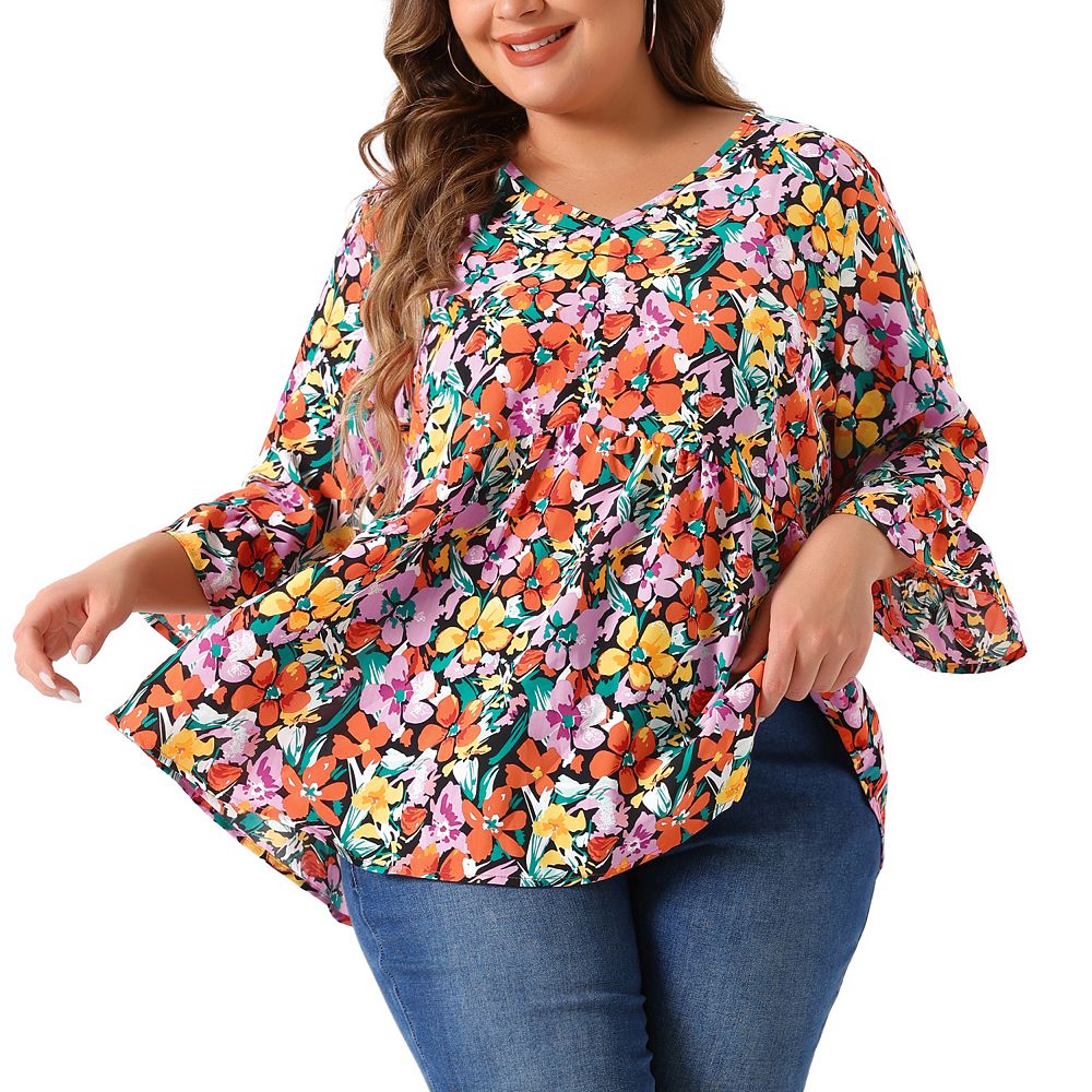 Plus Size Floral Blouses for Women V Neck Ruffle Sleeve Babydoll Peplum ...
