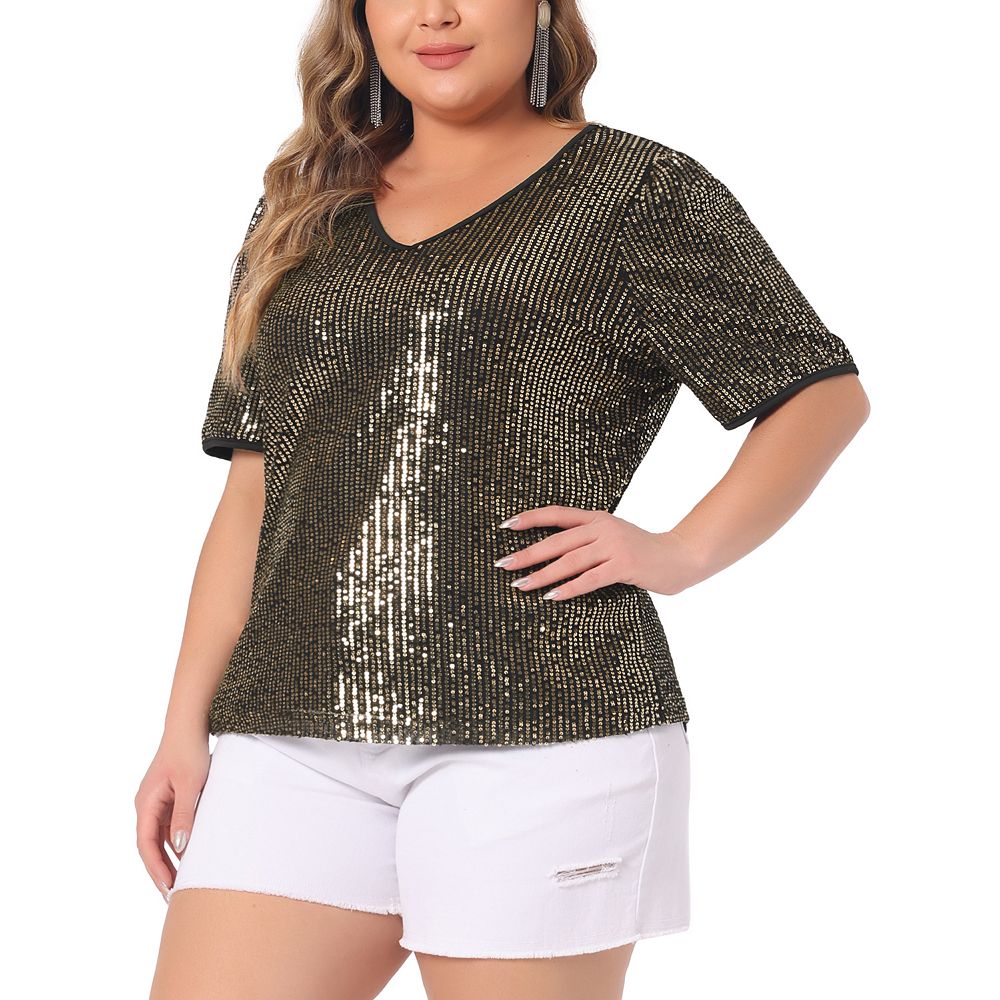 Plus Size Sequin Tops For Women Sparkly V Neck Short Sleeve Party Tops ...