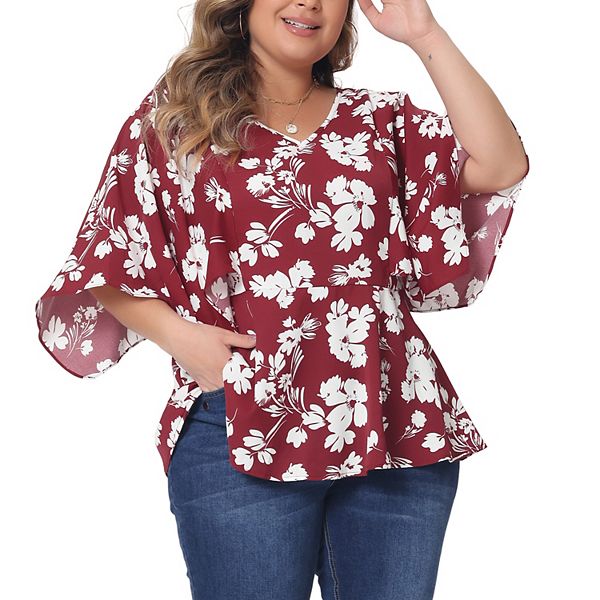 Plus Size Floral Tops For Women Summer Casual V Neck Flowy Sleeve Loose ...