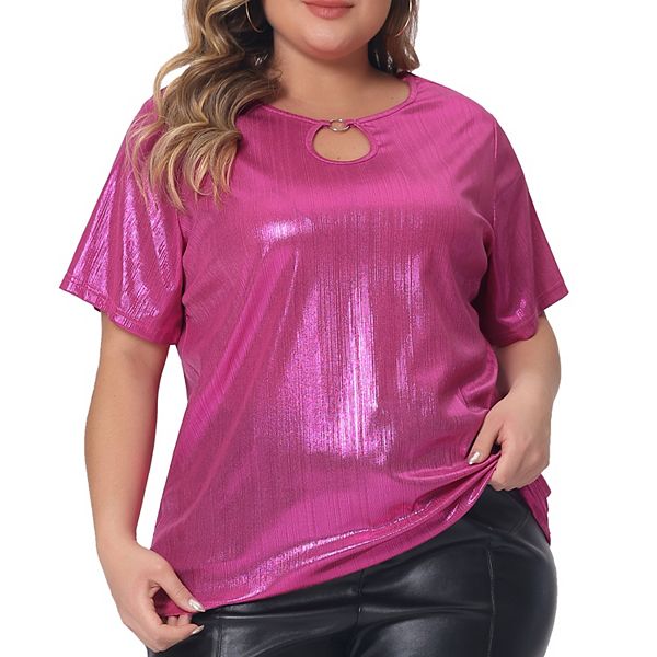 Plus Size Top For Women Keyhole Metallic Round Neck Short Sleeve T ...