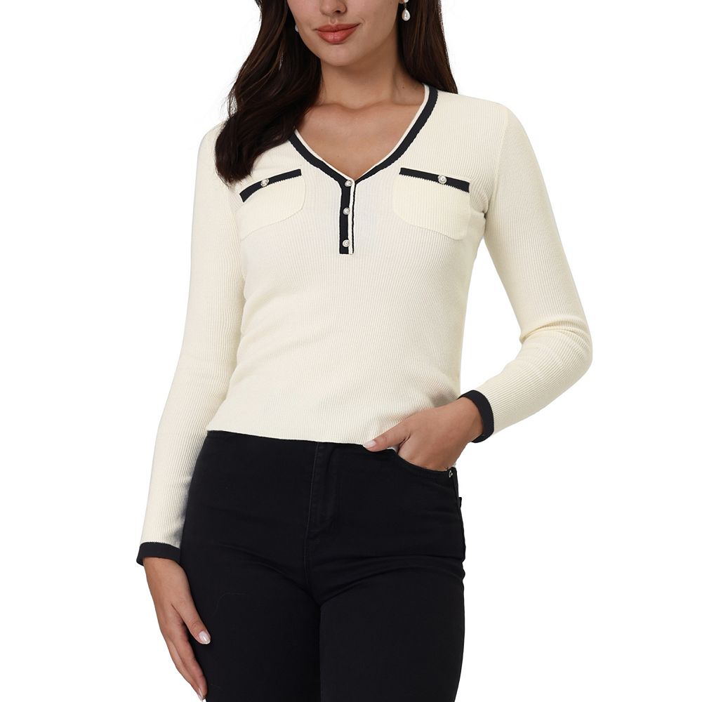 Women's Knit Top V Neck Contrast Color Long Sleeve Fitted Ribbed Tops