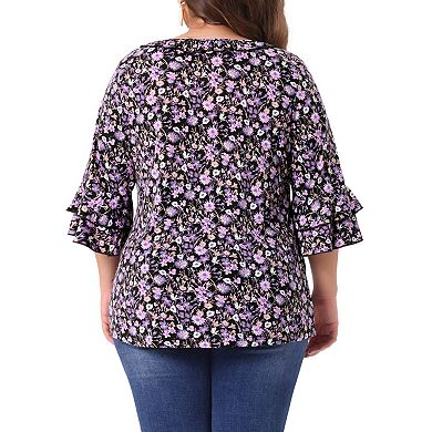 Plus Size Top For Women Floral Print V Neck Tiered Ruffle Bell Sleeve ...