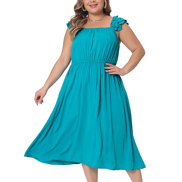 Plus Size Dress For Women Ruffle Cap Sleeve Shirred Waist A Line Beach ...
