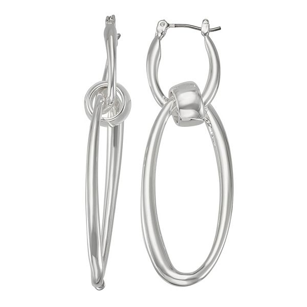 Nine West Silver Tone Interlocking Oval Hoop Drop Earrings
