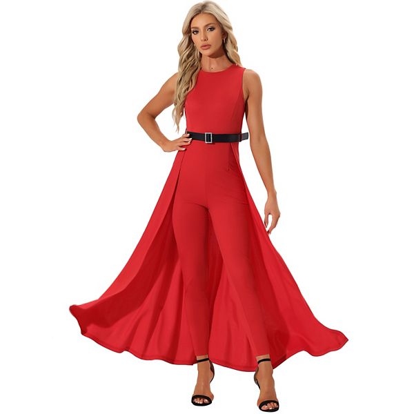 Patchwork Overlay Jumpsuit For Women Elegant Sleeveless Belted High ...