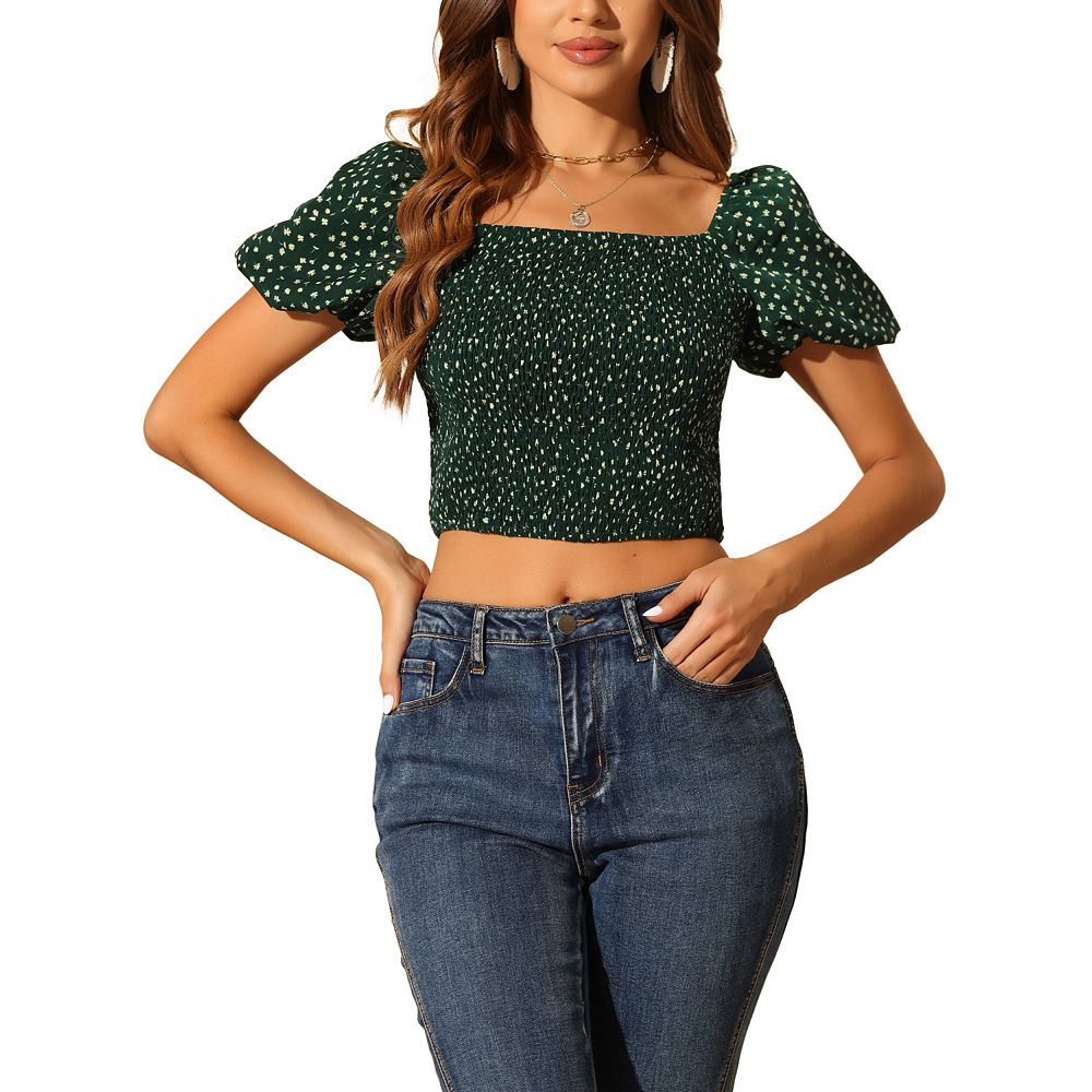 Floral Smocked Tops For Women Puffy Sleeve Crop Top Summer Casual Blouse