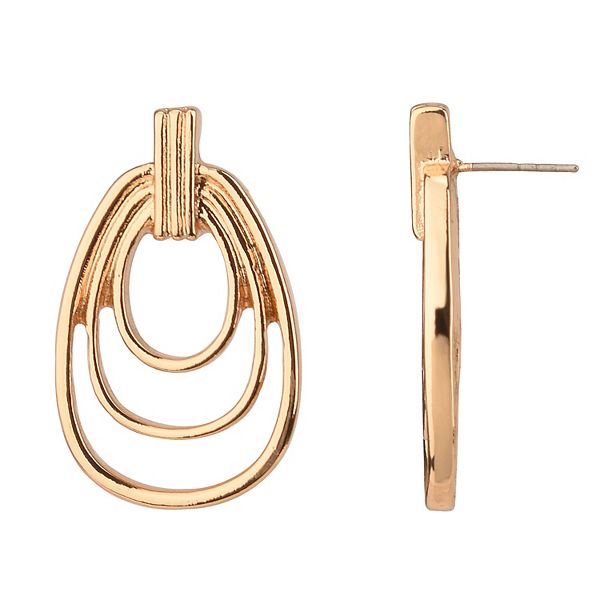 Gold Tone Triple Ring Drop Earrings