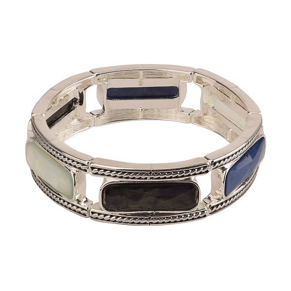 Silver Tone Stretch Bangle Bracelet with Oval Blue Cabochons