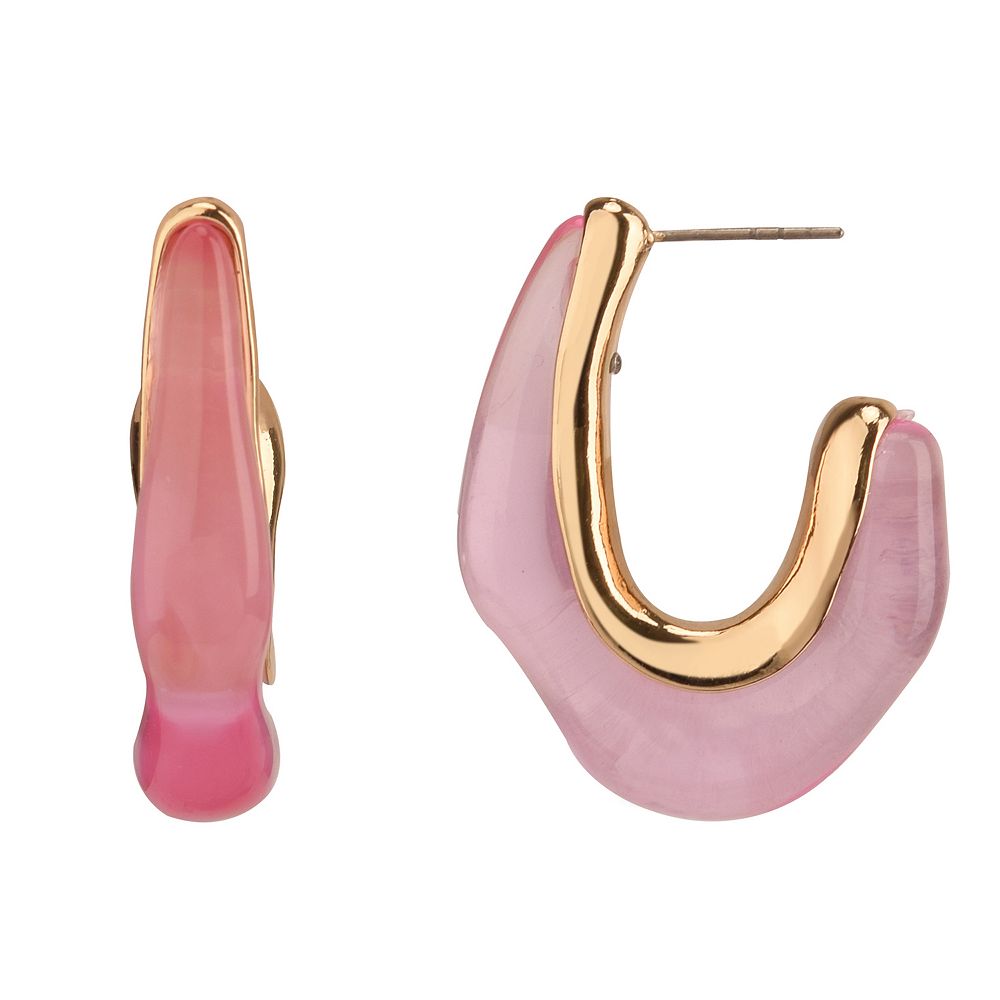 Women's Gold Tone and Pink Acrylic Post Hoop Earrings