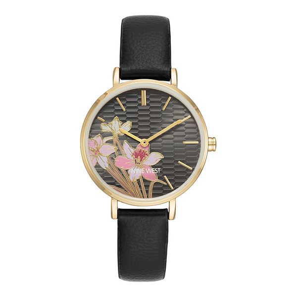 Nine West Women's Flower Dial Black Strap Watch