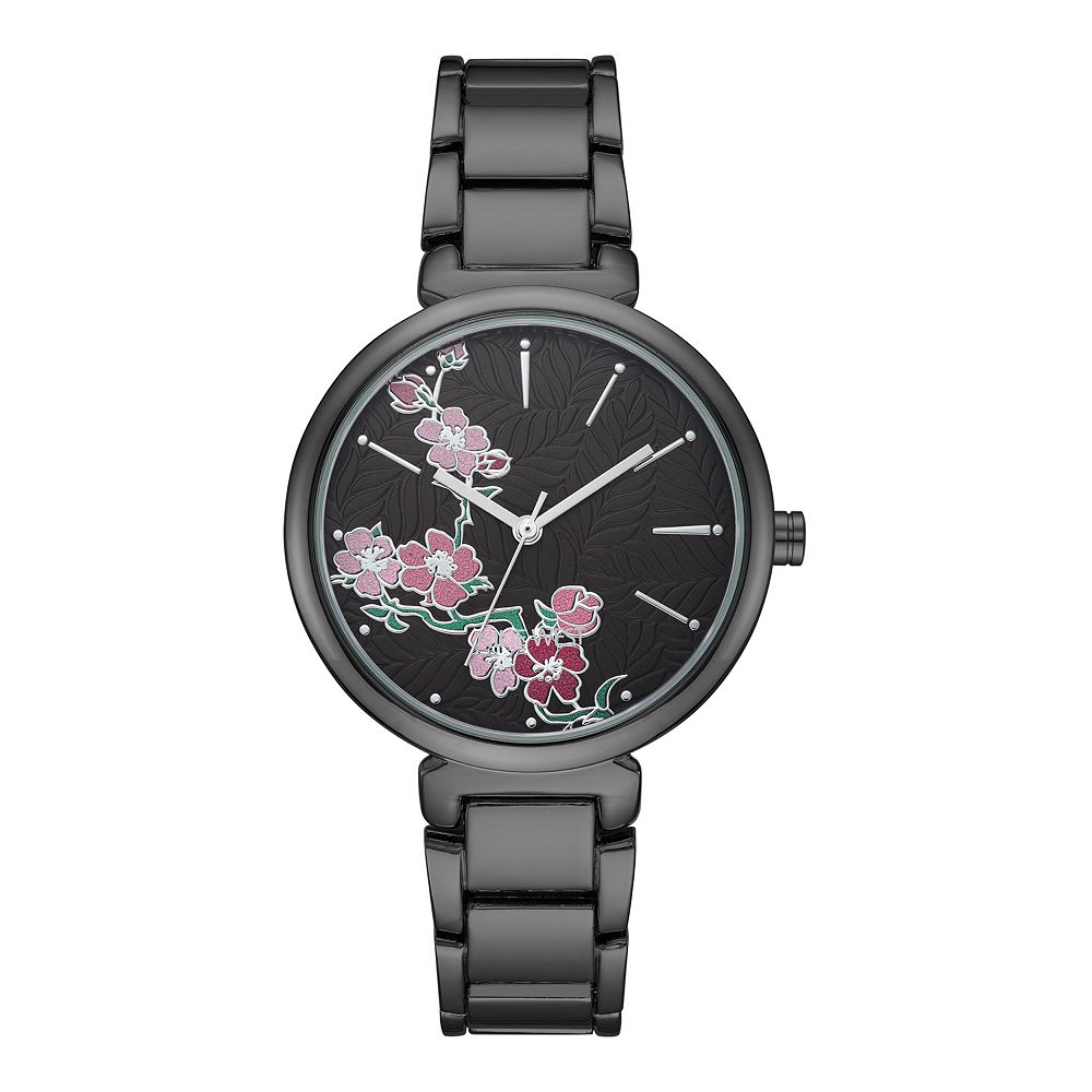 Nine West Women's Pink Flower Dial Gun Metal Bracelet Watch