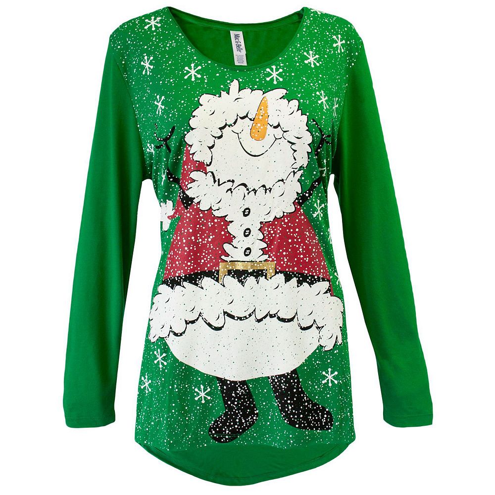 Santa Snowman Patterned Women's Dropped Back Hem Long Sleeve Green ...