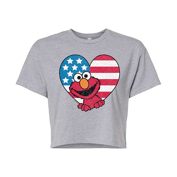 Juniors' Sesame Street Elmo Flag Heart Cropped Tee