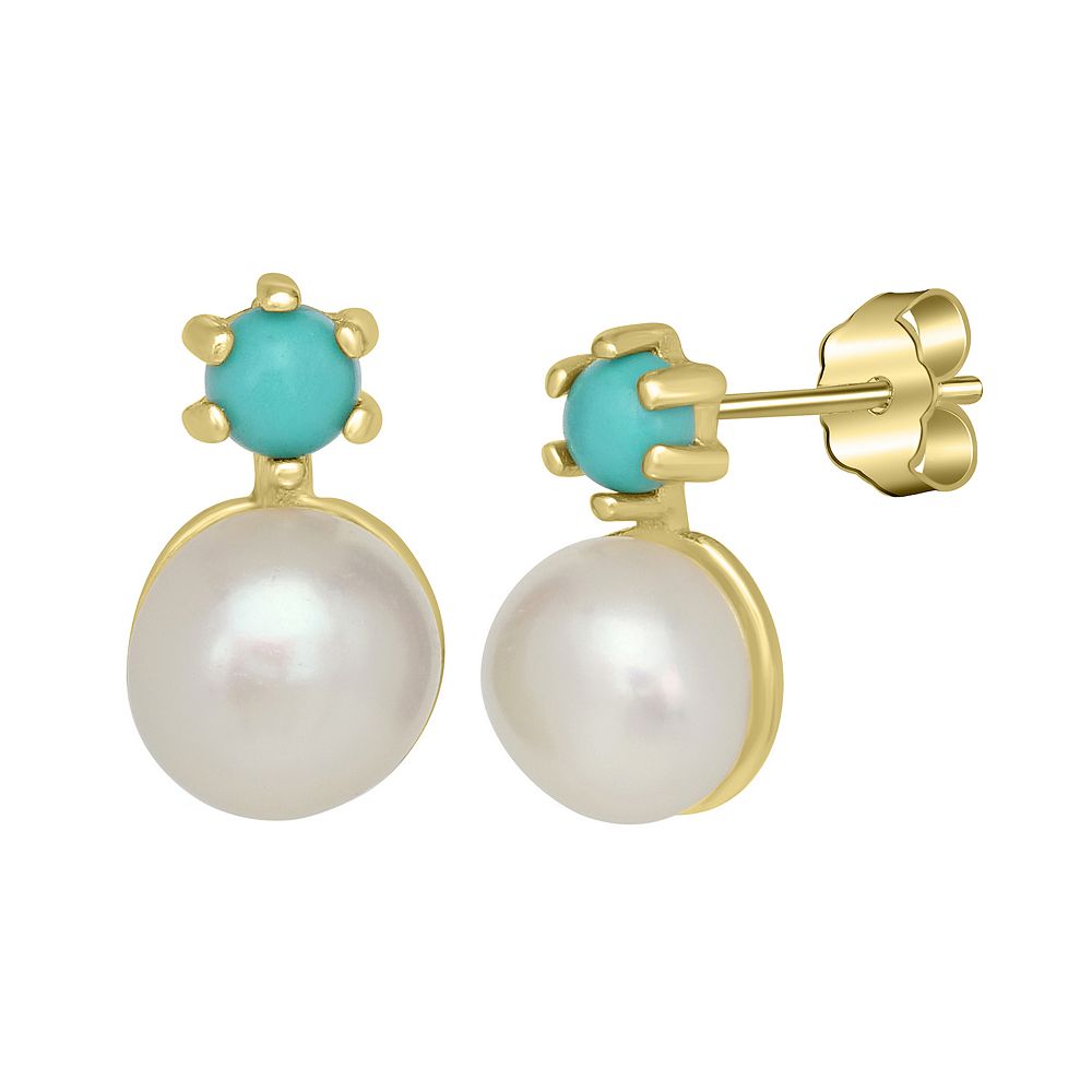 Gemistry 14k Gold Over Sterling Silver Freshwater Cultured Pearl & Turquoise Stud Earrings