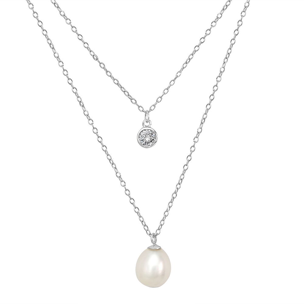 Gemistry Sterling Silver Cubic Zirconia Freshwater Cultured Pearl Double Layer Pendant Necklace