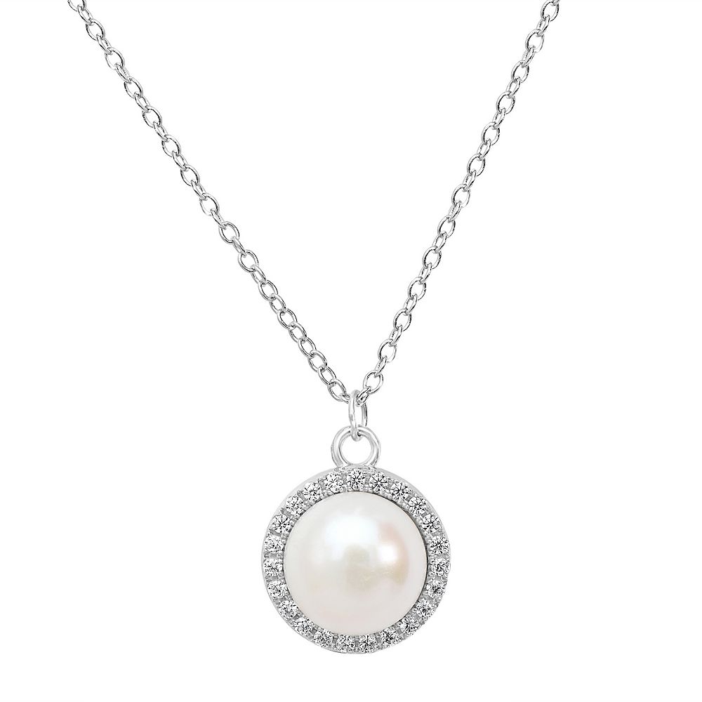 Gemistry Sterling Silver Cubic Zirconia & Freshwater Cultured Pearl Halo Pendant Necklace
