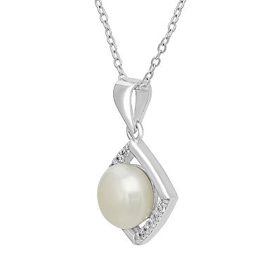Gemistry Sterling Silver Cubic Zirconia & Freshwater Cultured Pearl Square Border Pendant Necklace