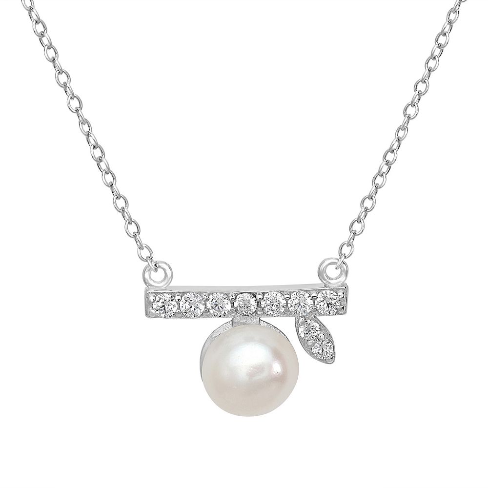 Gemistry Sterling Silver Cubic Zirconia & Freshwater Cultured Pearl Leaf Stick Necklace