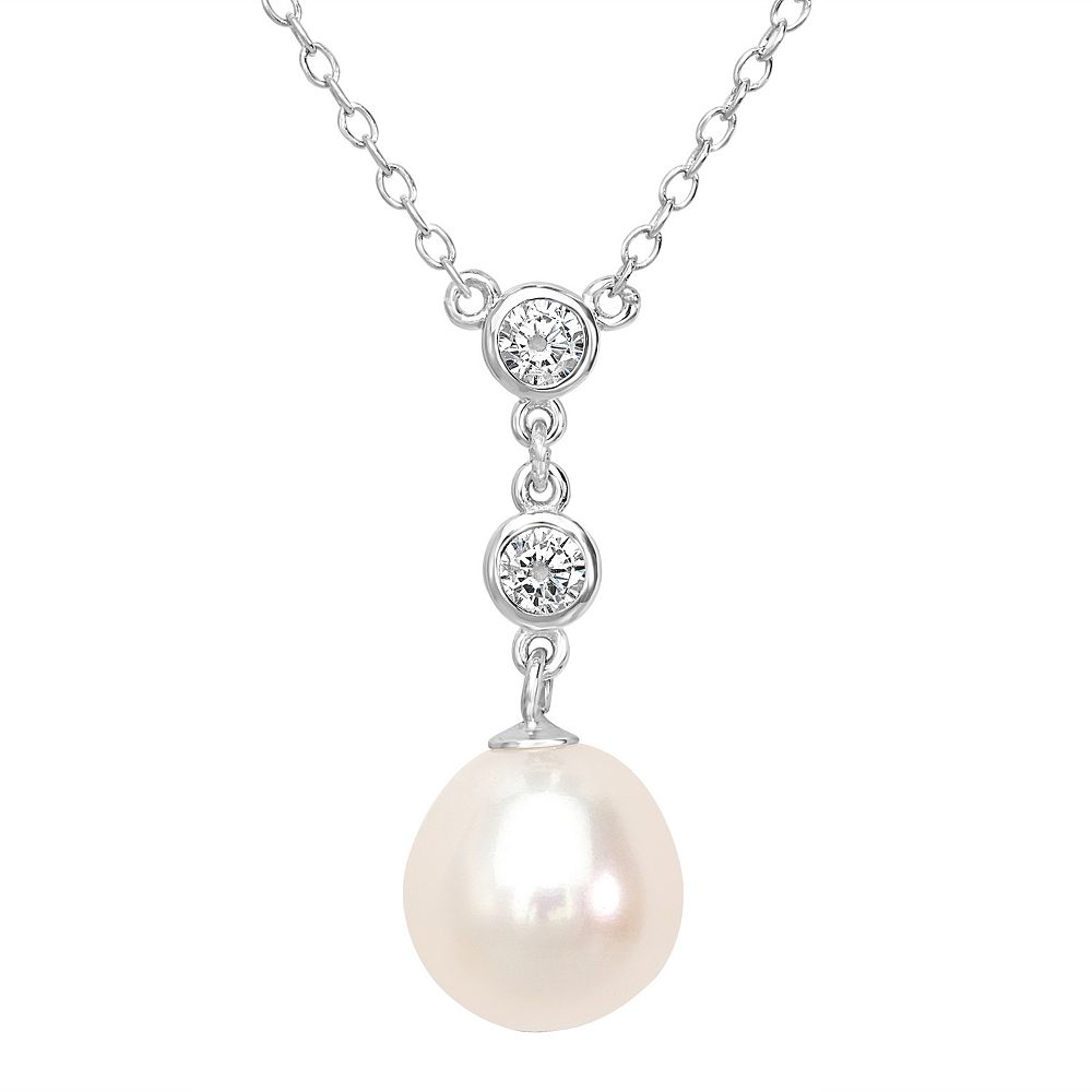 Gemistry Sterling Silver Cubic Zirconia & Freshwater Cultured Pearl Drop Pendant Necklace