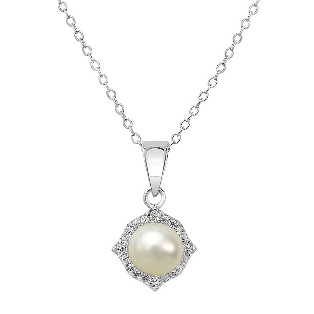 Gemistry Sterling Silver Cubic Zirconia Border & Freshwater Cultured Pearl Pendant Necklace